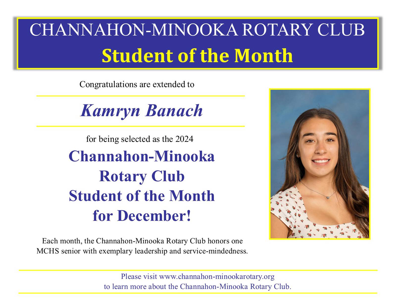 Kamryn Banach named Channahon-Minooka Rotary student of the month ...